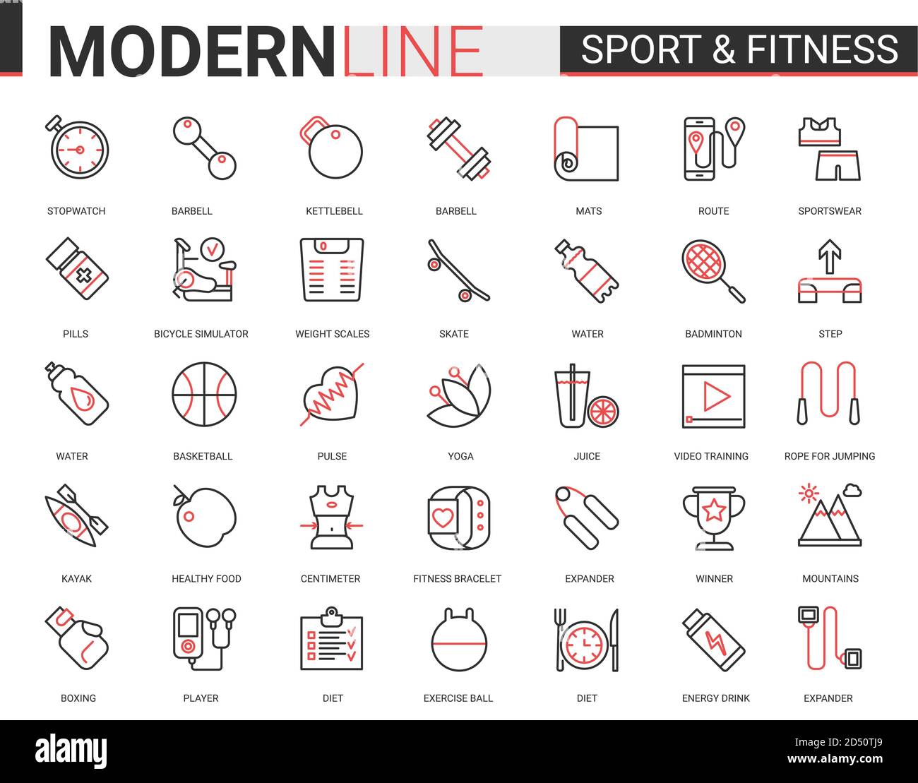 Fitness healthy lifestyle flat thin red black line icon vector ...