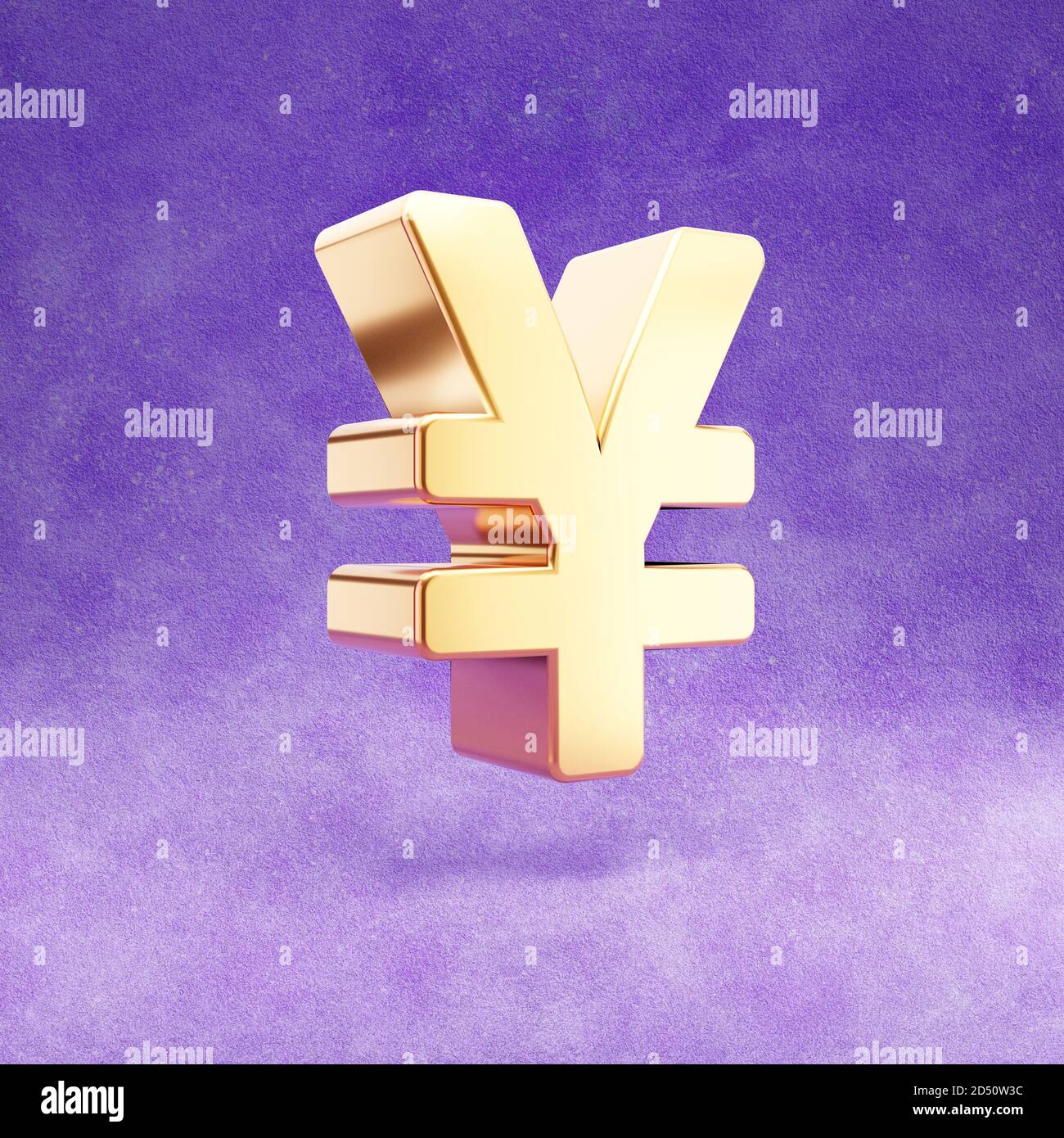 Yen icon. Gold glossy Yen symbol isolated on violet velvet background ...