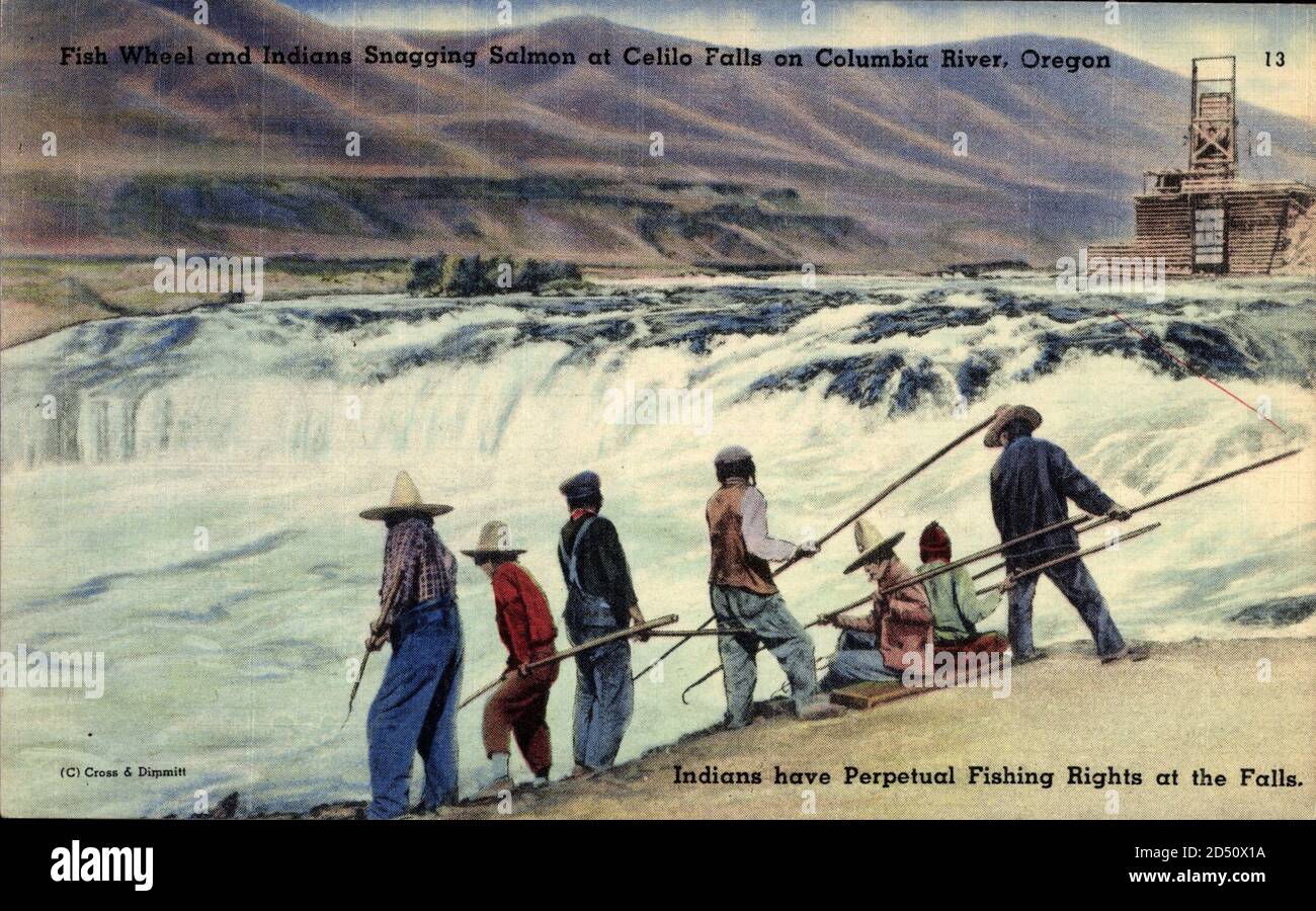 Fish Wheel and Indiands Snagging Salmon at Celilo Falls,Columbia River ...