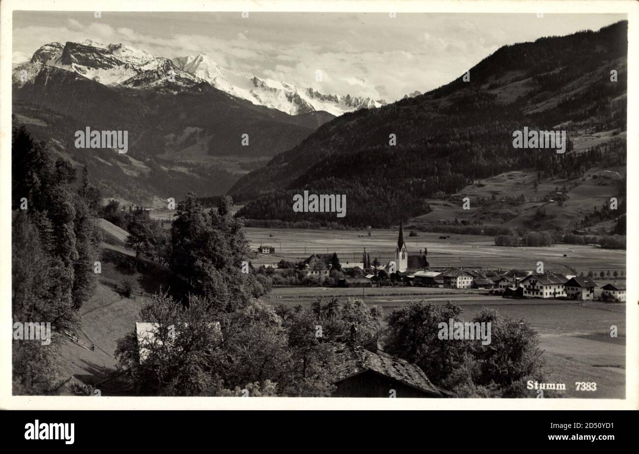 Stumm Tirol, Blick vom Berg auf den Ort mit Alpen | usage worldwide ...