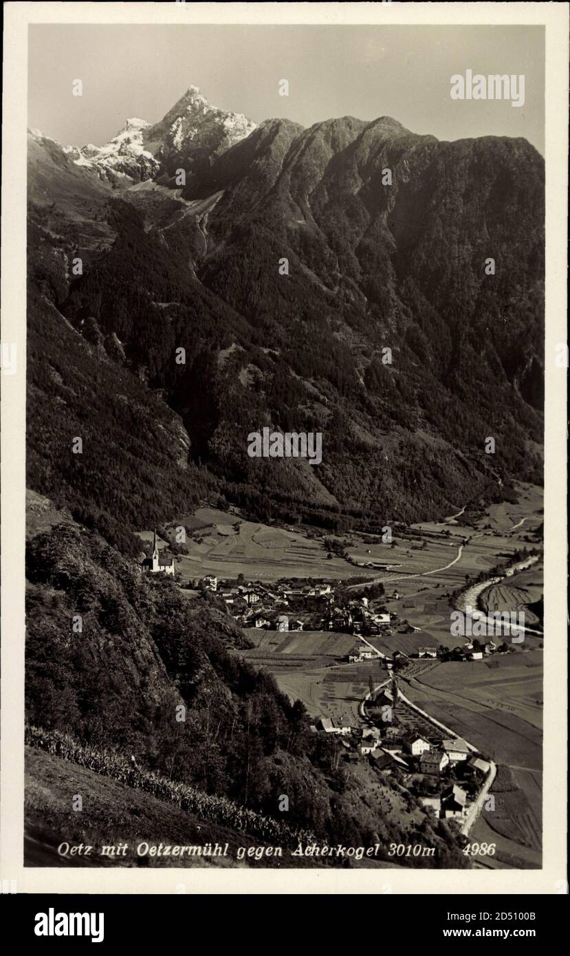 Oetz Tirol, Blick auf die Stadt mit Oetzermühle gegen Acherkogel ...