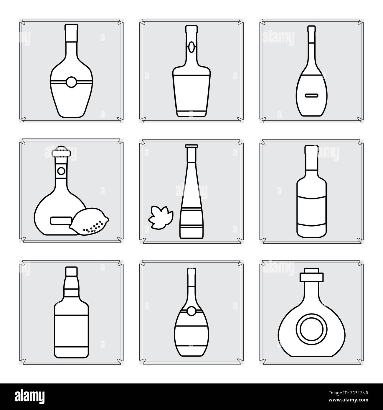 Vector illustration Set bottles of assorted alcoholic beverage. Liquor ...