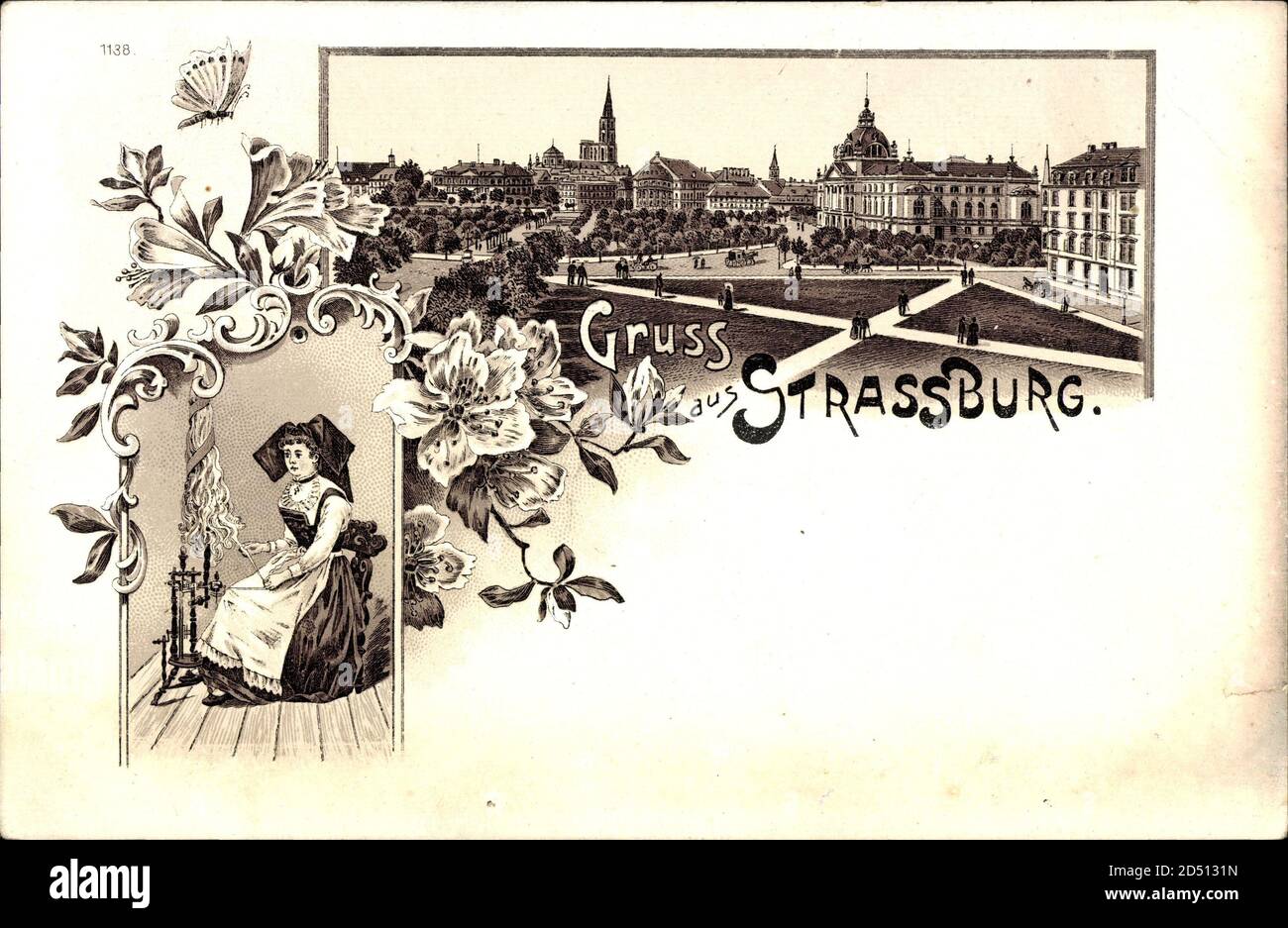 Straßburg Elsaß Bas Rhin, Frau in Tracht am Spinnrad, Platz im Ort ...