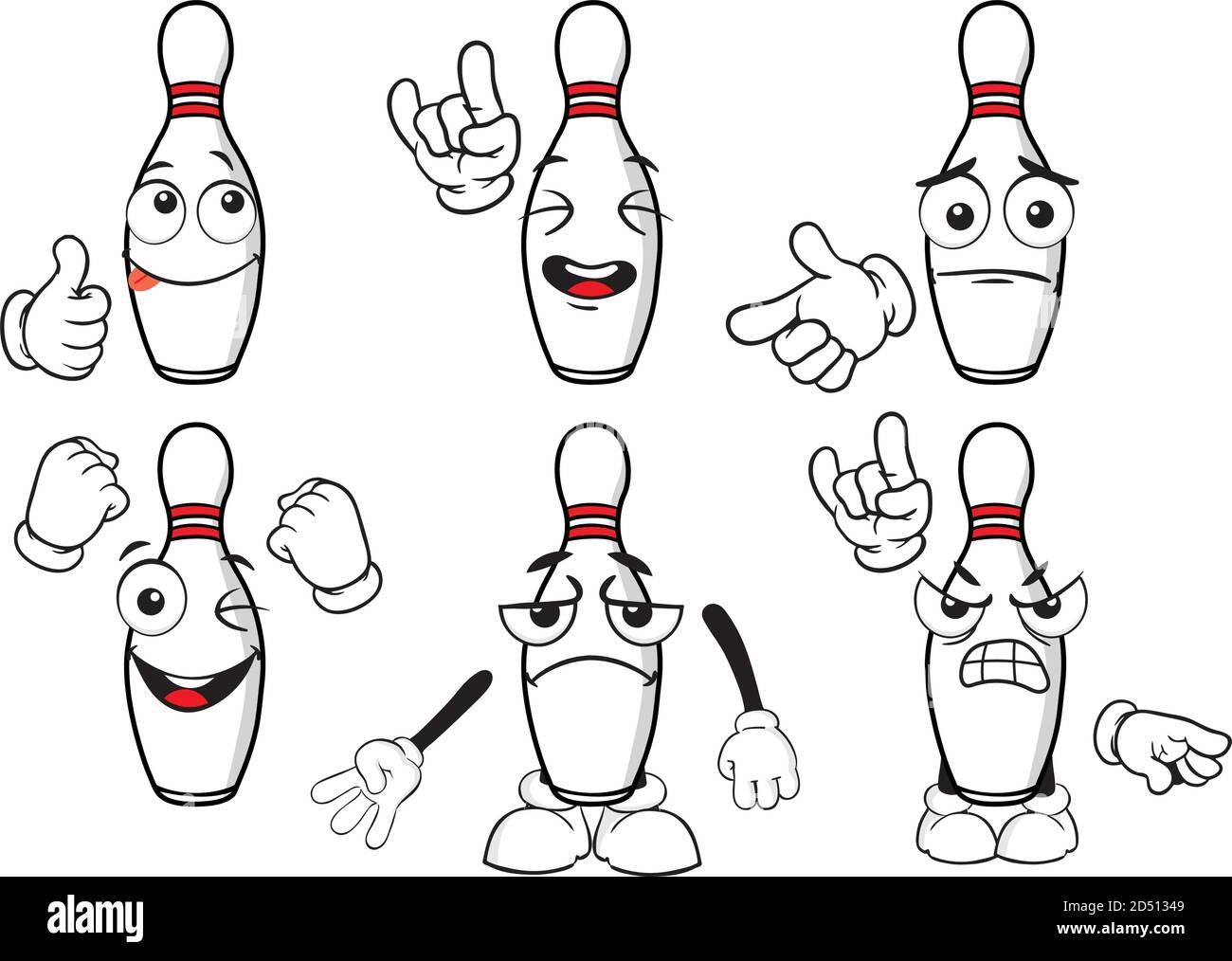 A vector set of bowling pins to play in different situations. Drawing ...