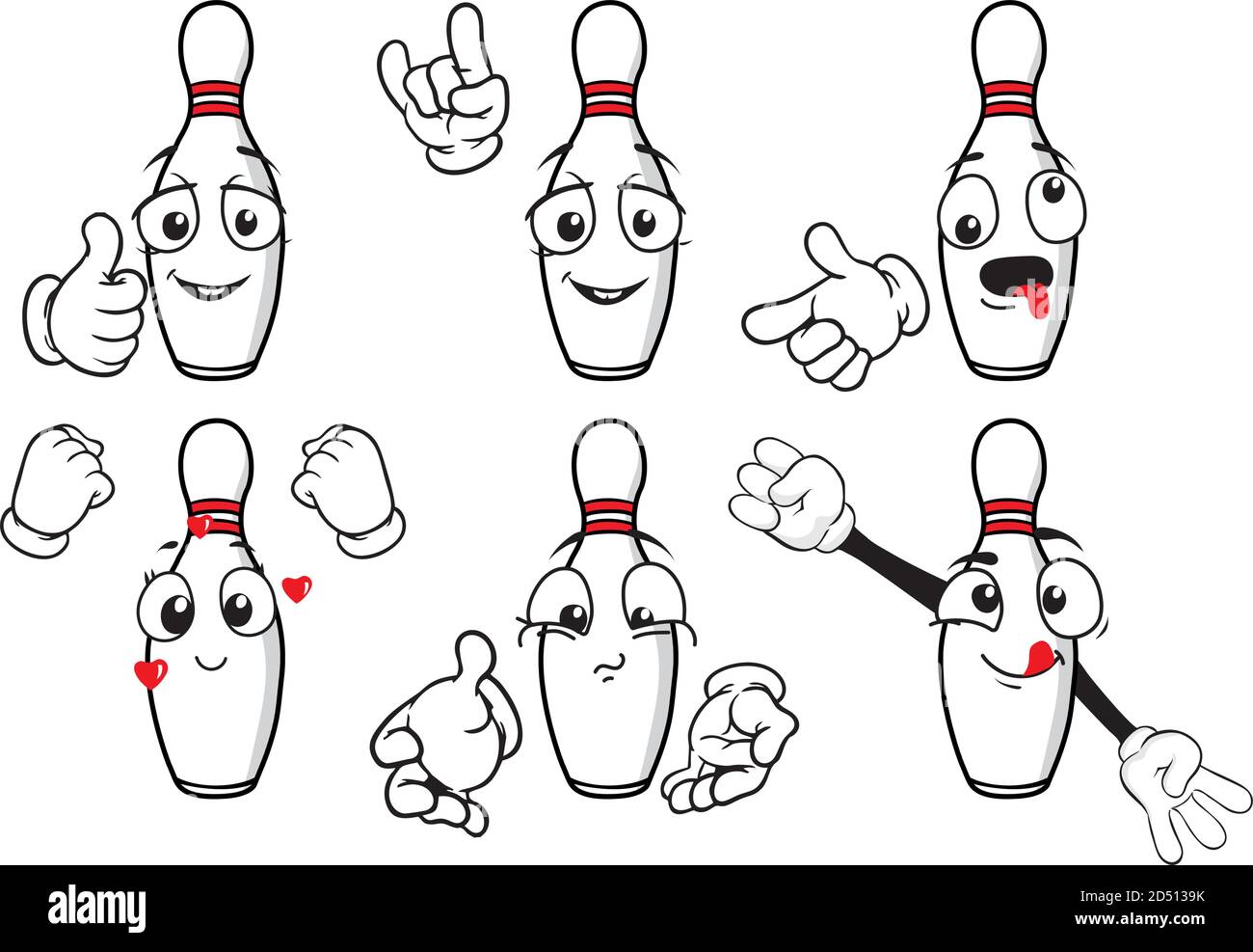 A vector set of bowling pins to play in different situations. Drawing ...