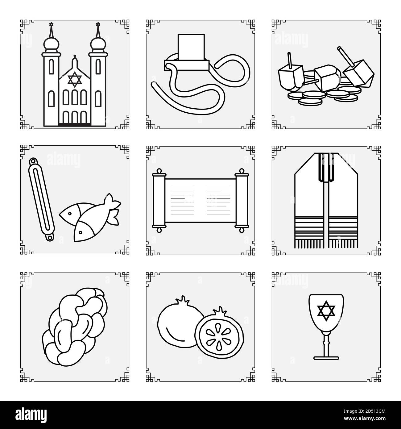 Vector illustration Jewish holiday Traditional symbols Torah scroll ...