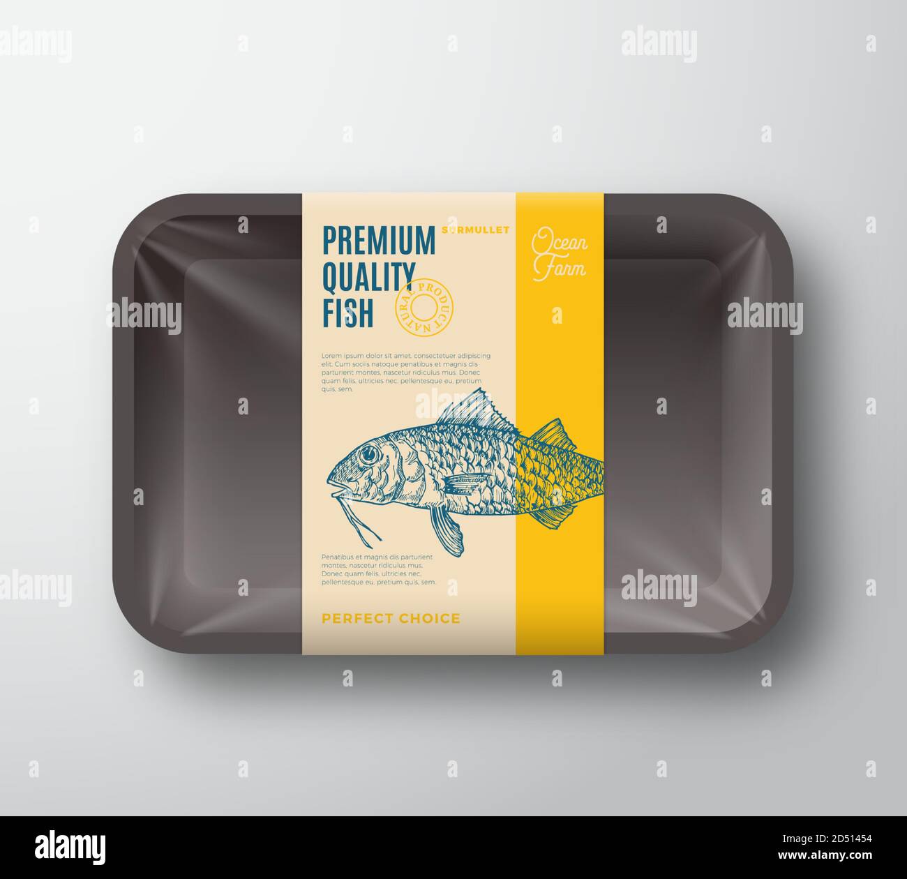 Premium Quality Surmullet. Abstract Vector Plastic Tray with Cellophane ...