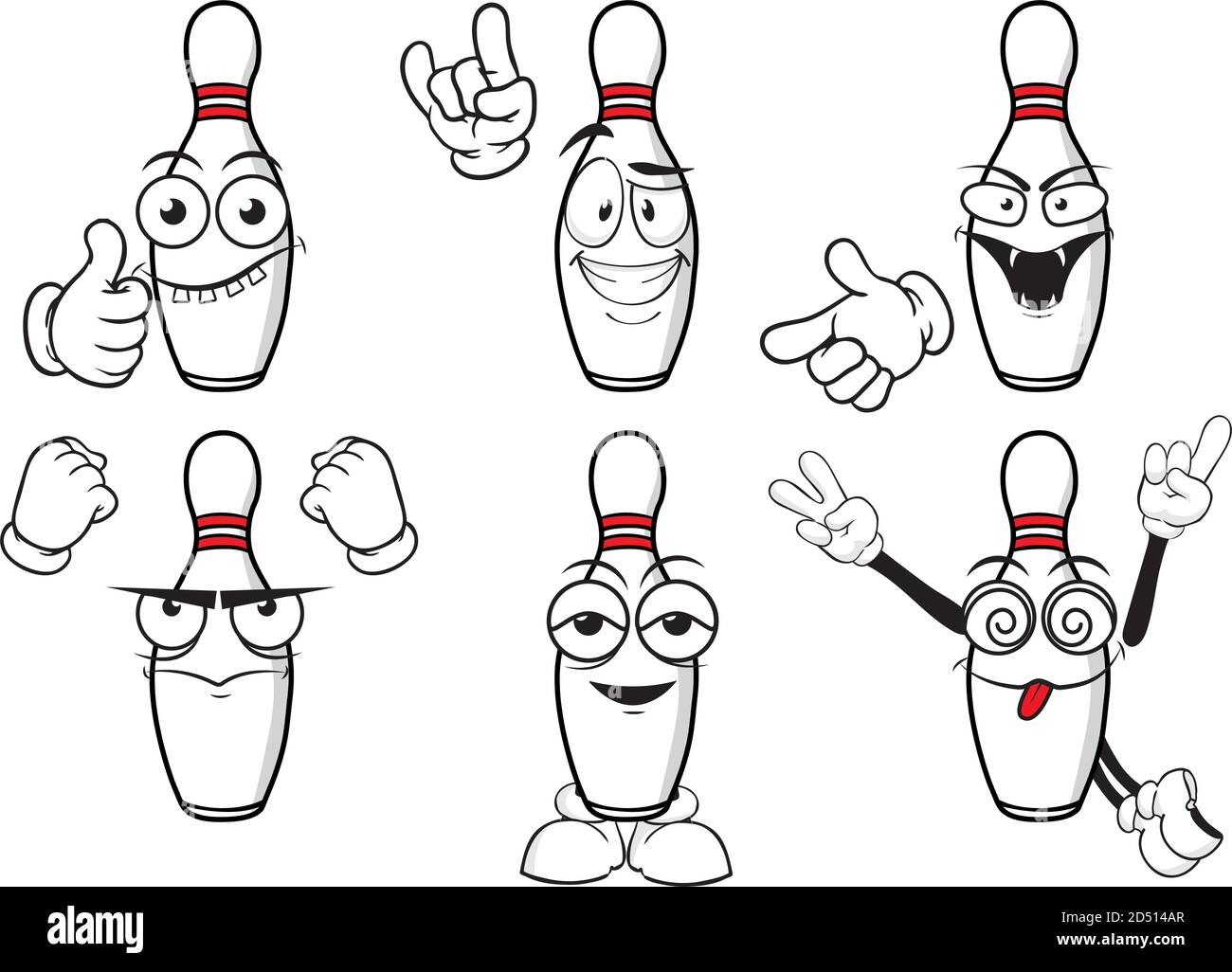 A vector set of bowling pins to play in different situations. Drawing ...