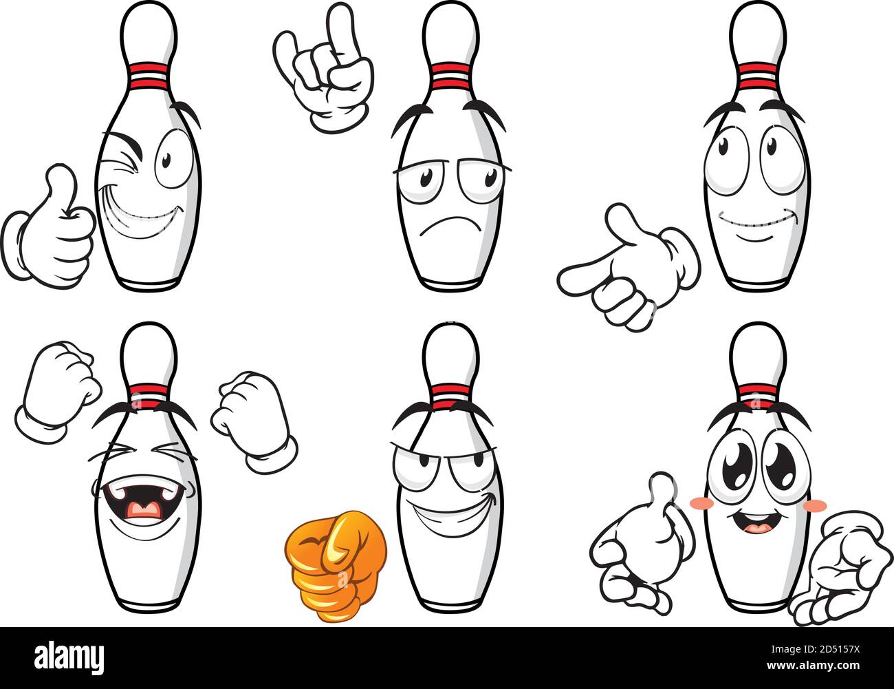 A vector set of bowling pins to play in different situations. Drawing ...