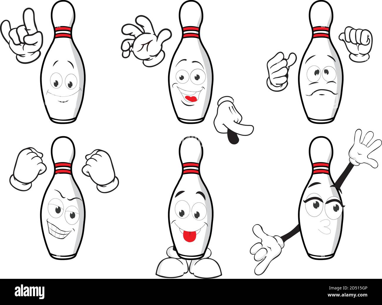 A vector set of bowling pins to play in different situations. Drawing ...