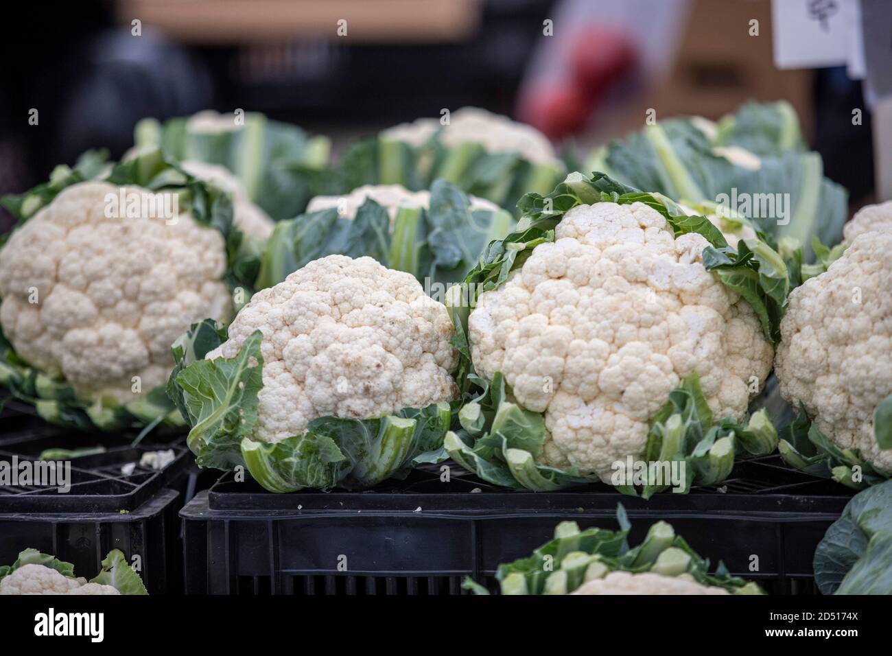 Cauliflower on display at a farmers market Stock Photo - Alamy