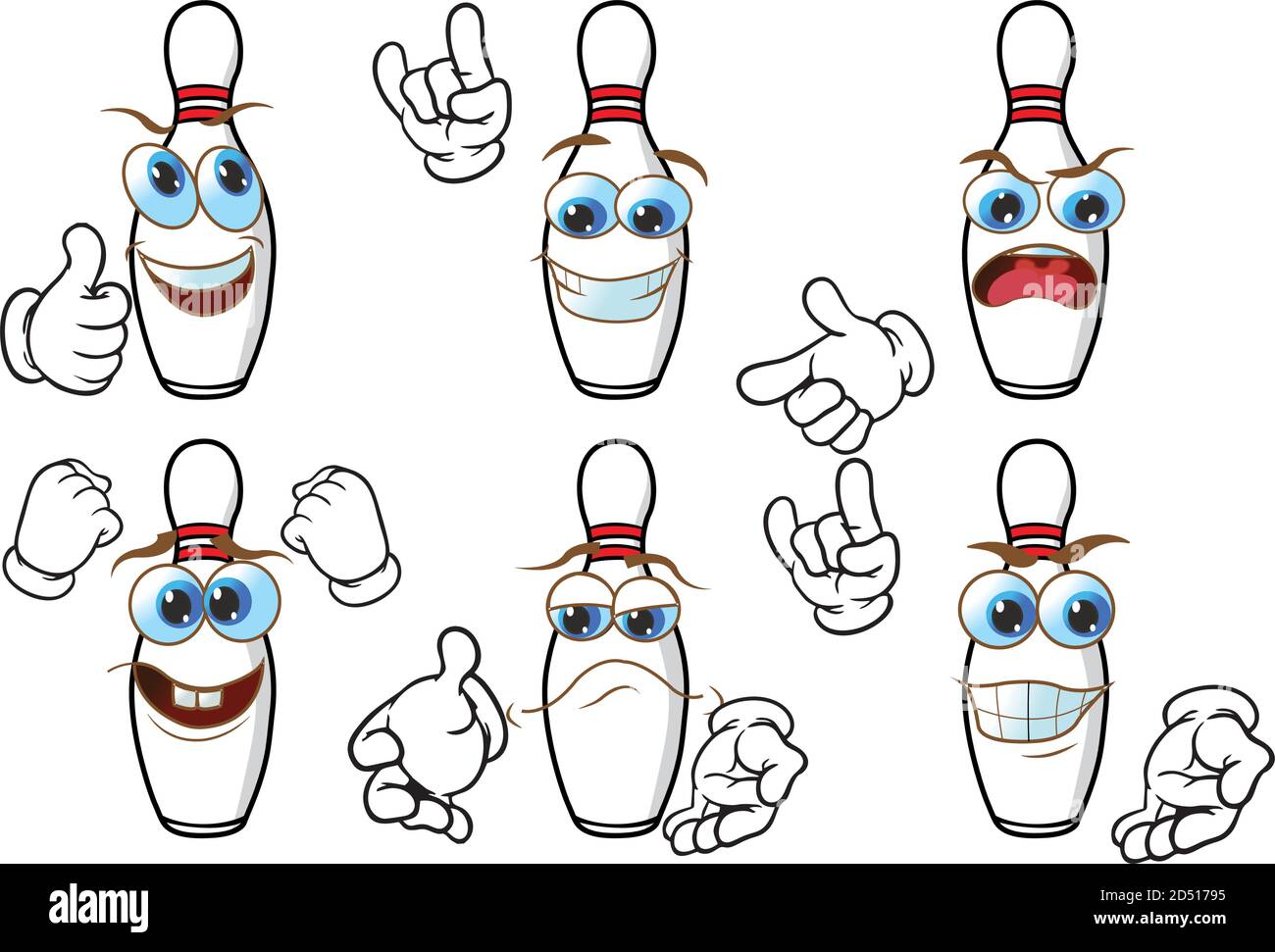 A vector set of bowling pins to play in different situations. Drawing ...