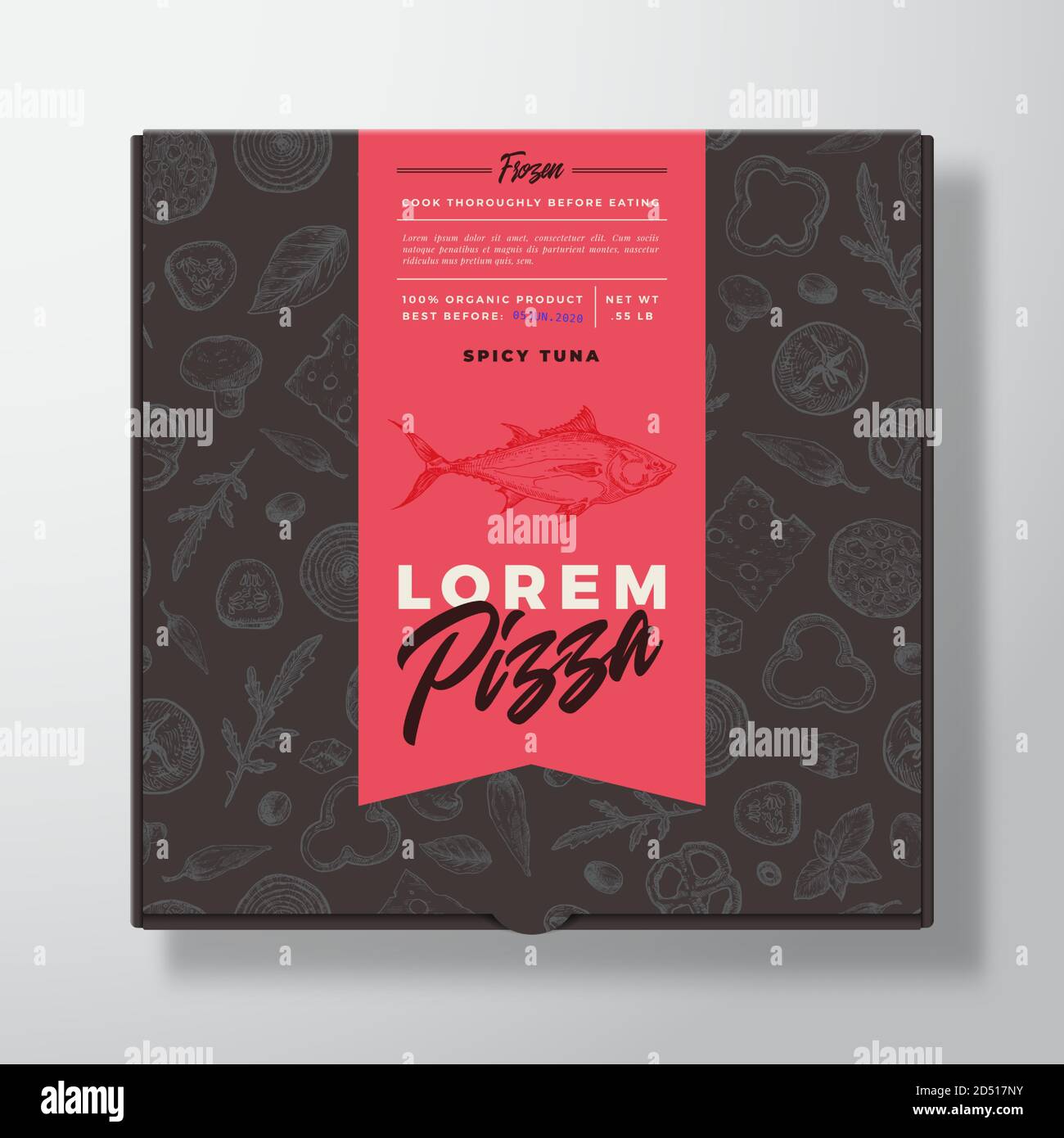 Spicy Tuna Fish Frozen Pizza Realistic Cardboard Box. Abstract Vector ...