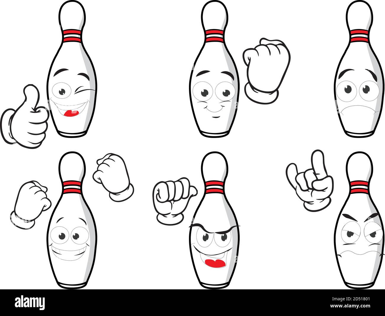 A vector set of bowling pins to play in different situations. Drawing ...