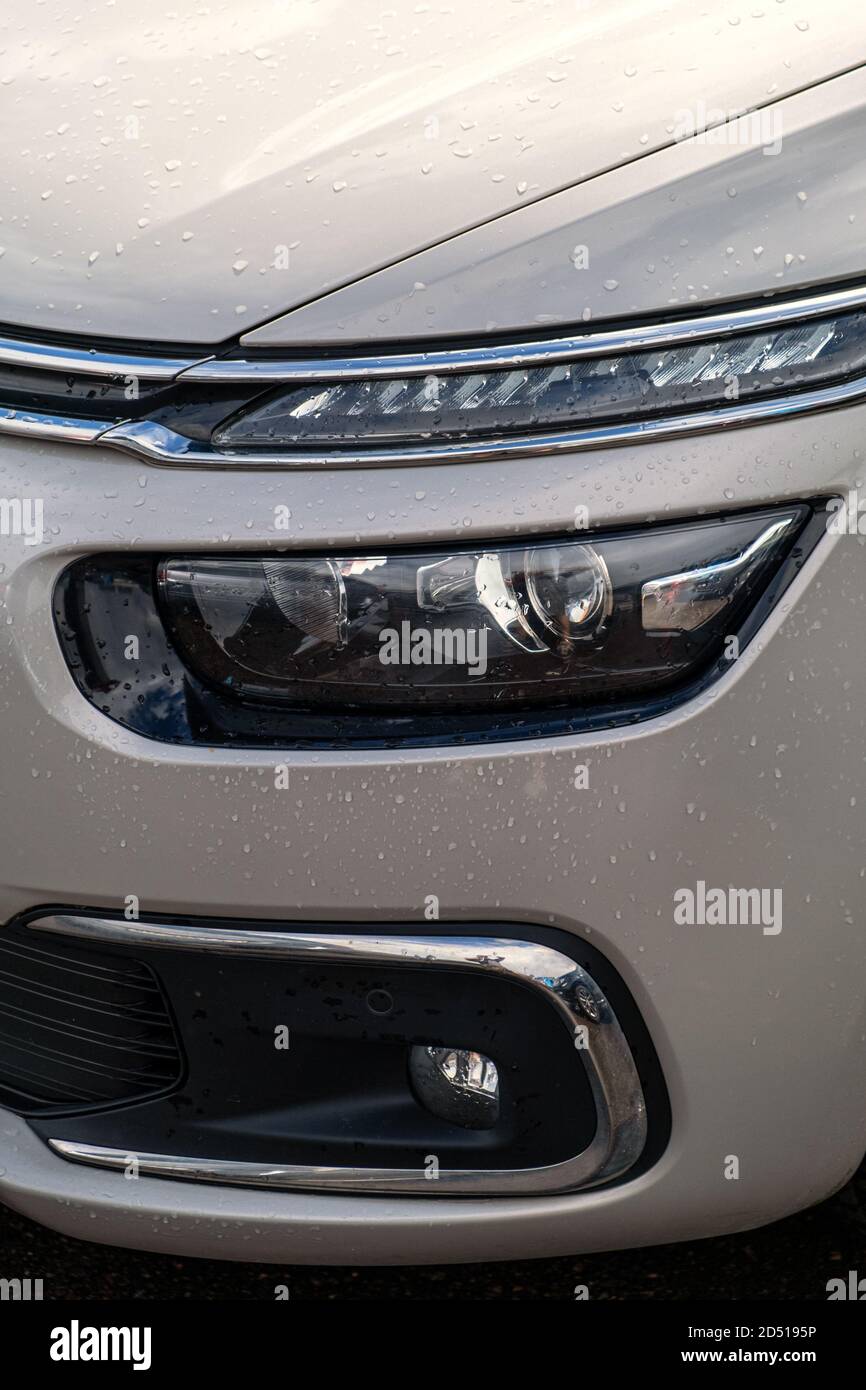 Modern headlights with a complex design and construction. Close-up of ...