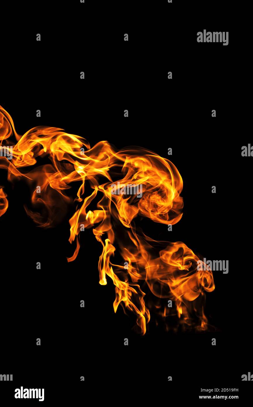 Fire flames on black background isolated. Burning gas or gasoline burns ...