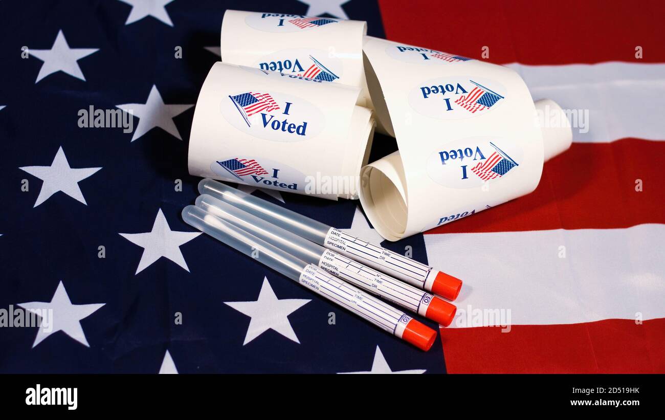 Covid swab tests on Usa flag with I voted stickers. Coronavirus 2020 ...