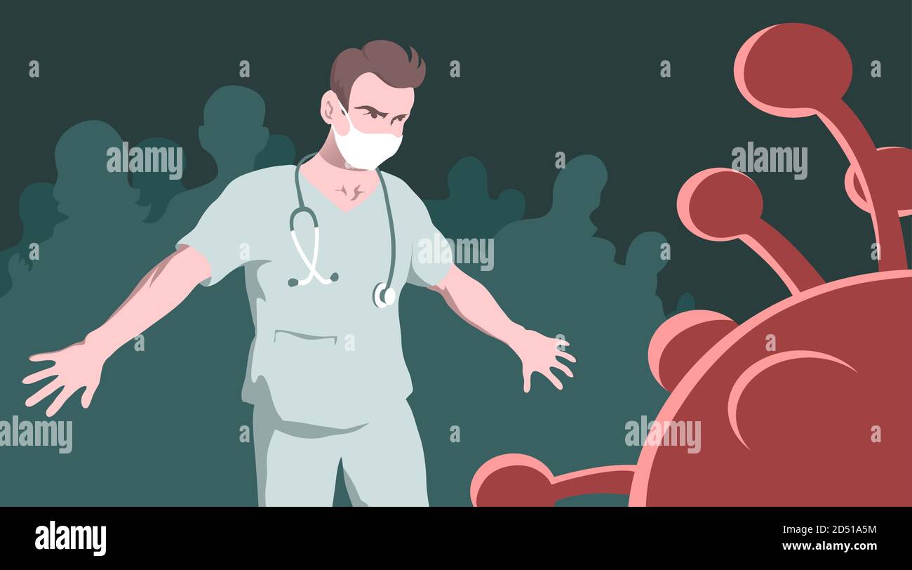 Doctor man saves people from coronavirus. Courageous hero. Vector ...