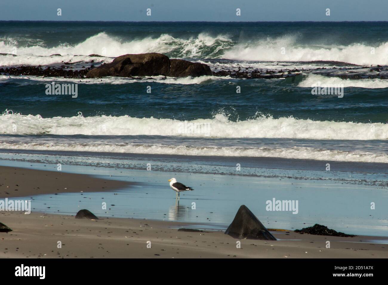 Waves breaking on a sandy beach at the west coast of South Africa, with ...