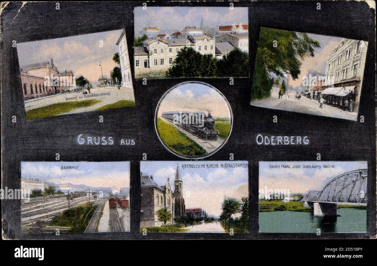 Oderberg Mährisch Schlesien, Bahnhof, Kirche, Brücke; gelaufen als ...