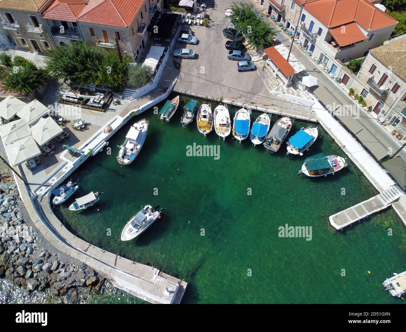Aerial view of Aghios Nikolaos fish village and harbor in Mani, Greece ...