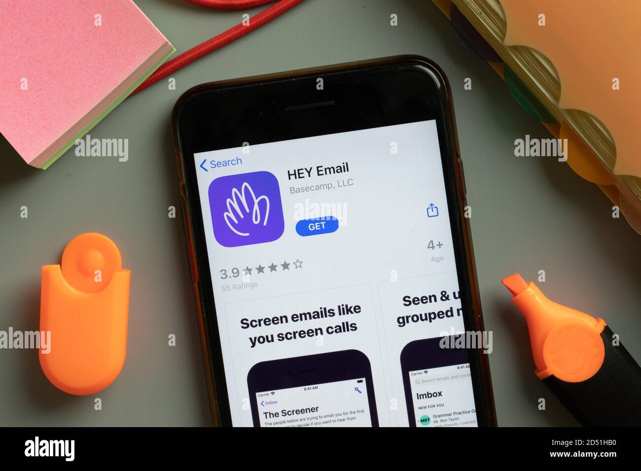 New York, USA - 29 September 2020: HEY Email mobile app logo on phone ...