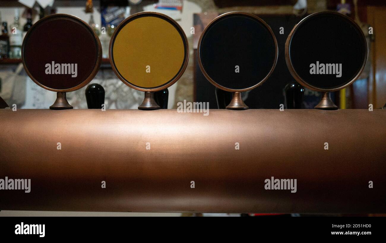 The beer taps in a pub. Nobody. Alcohol concept. Vintage style. Beer ...