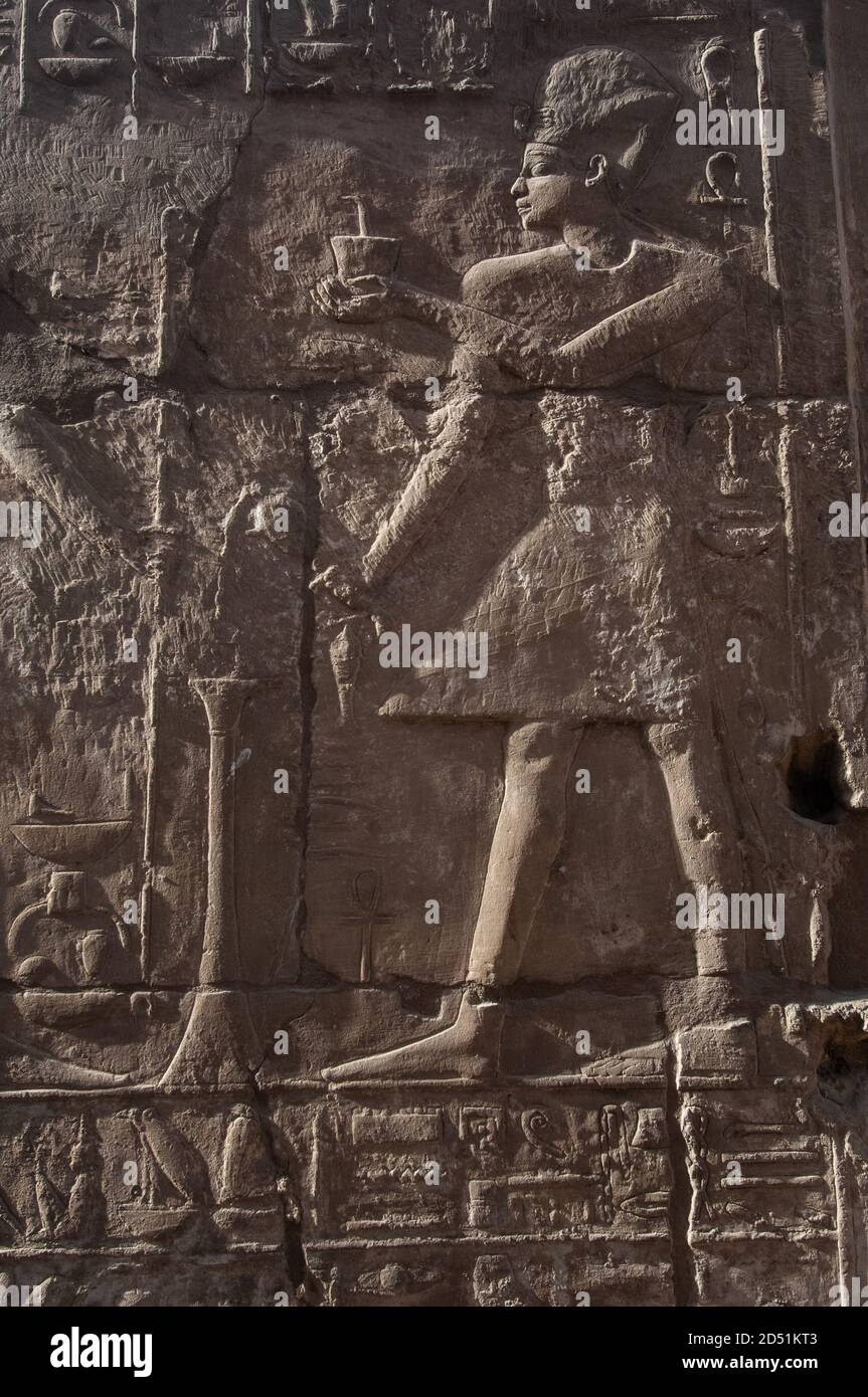 Pharaonic inscriptions at the ancient Egyptian ruins beside the Nile at ...