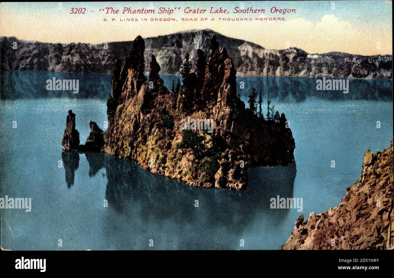 Oregon USA, The Phantom Ship, Crater Lake | usage worldwide Stock Photo ...