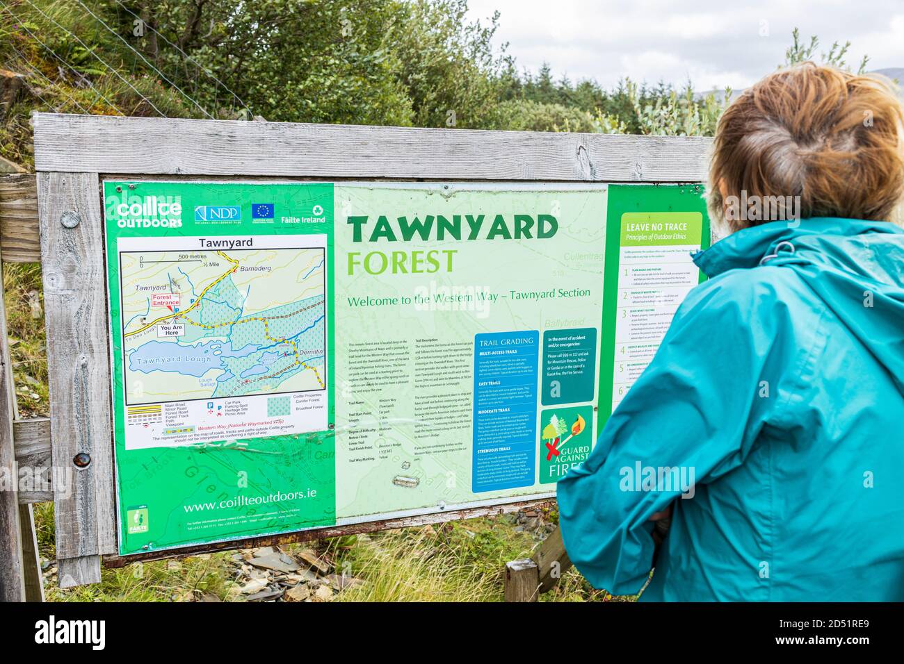 Woman walker reads the map and information sign at the western way walk ...