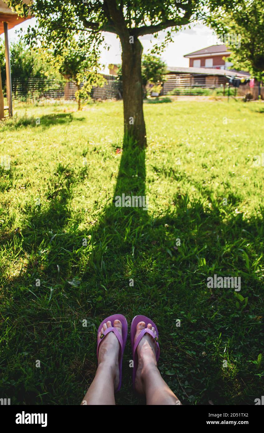 women's feet with flip-flops in the shade of a tree Stock Photo - Alamy