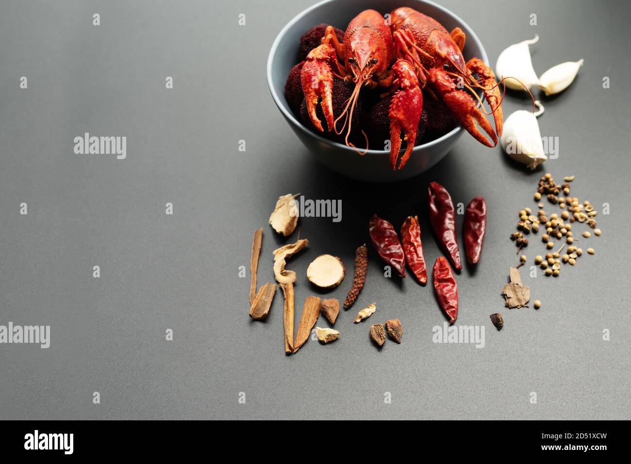 Crayfish red, Baby Lobster with herb for stir fry on black background ...