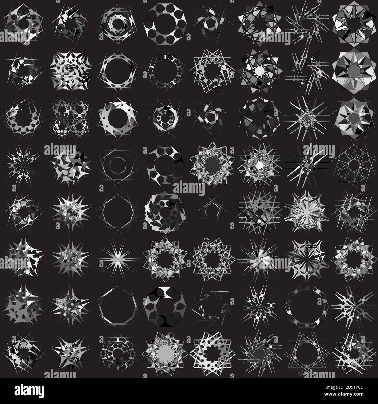 Set of different type abstract gem, crystal shapes. Circular, radial ...