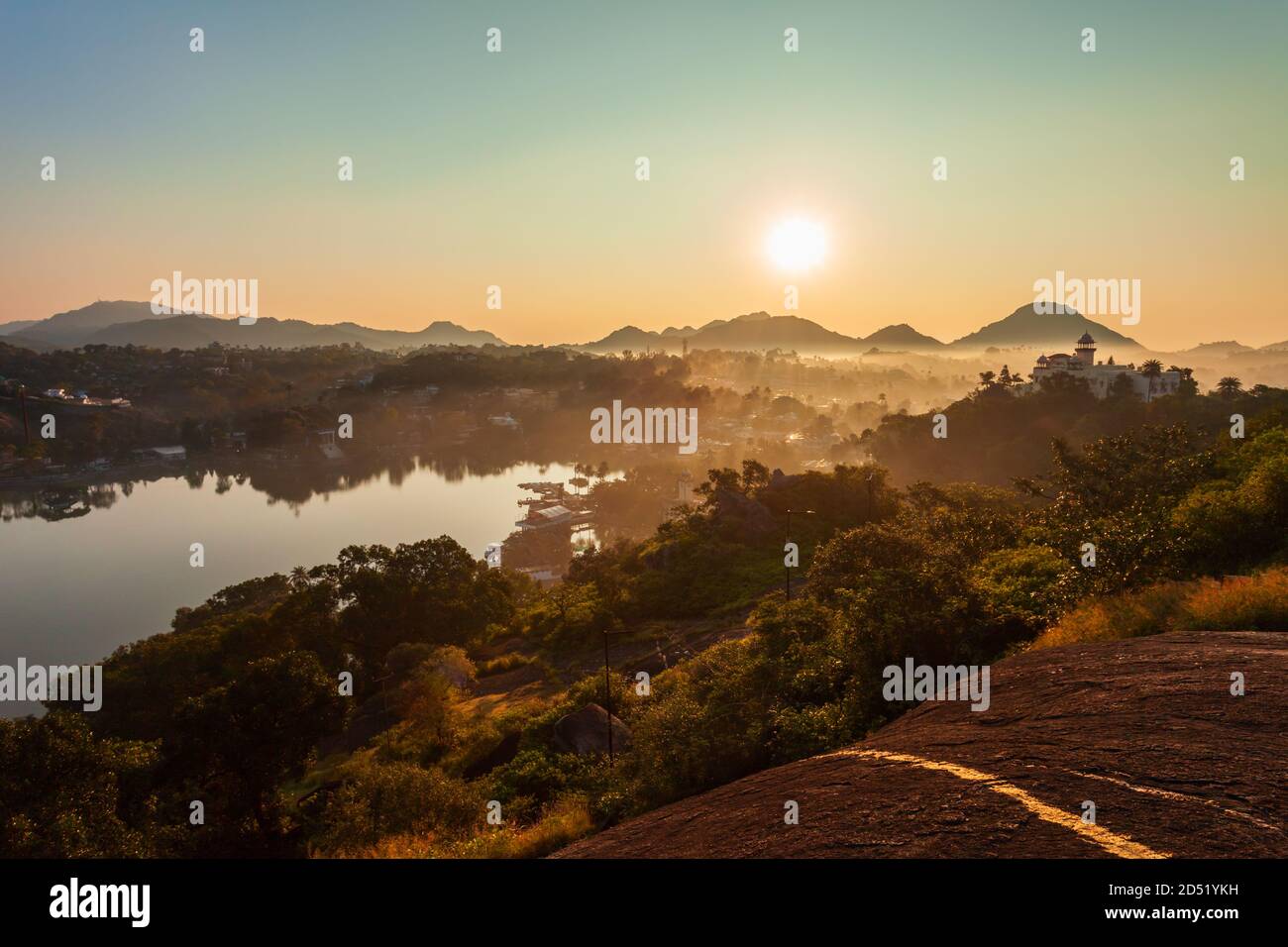 Mount Abu and Nakki lake aerial panoramic view at sunset. Mount Abu is ...