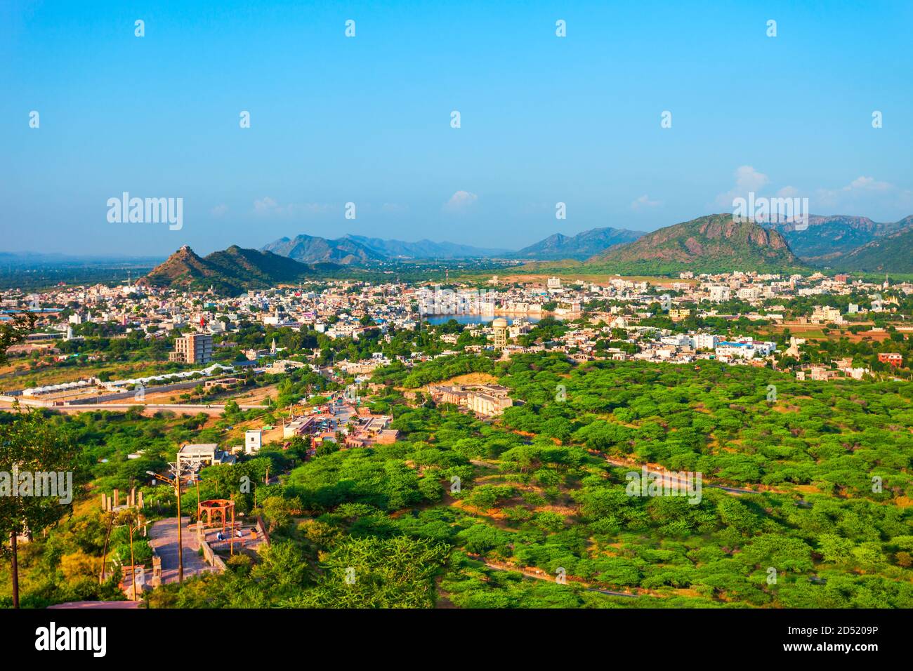 Pushkar town and lake aerial panoramic view in Rajasthan state of India ...