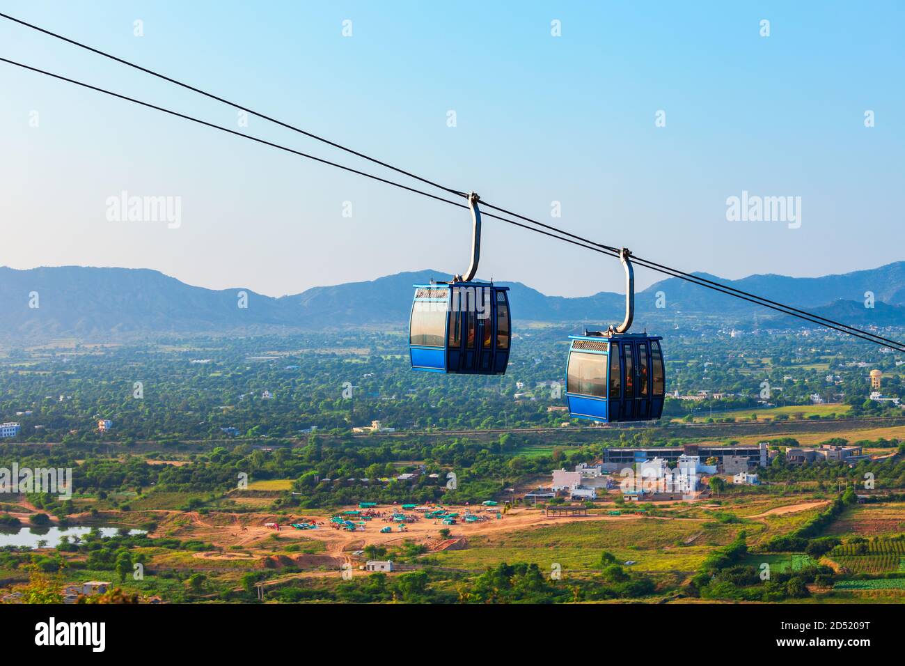 Cable car from Pushkar town to Savitri Mata Temple aerial panoramic ...