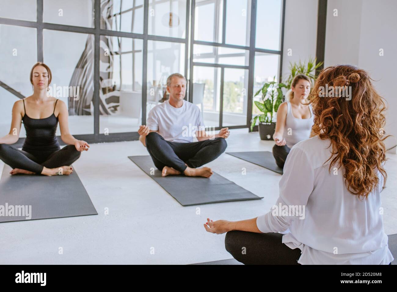 Instructor with group of young people practicing yoga Stock Photo - Alamy