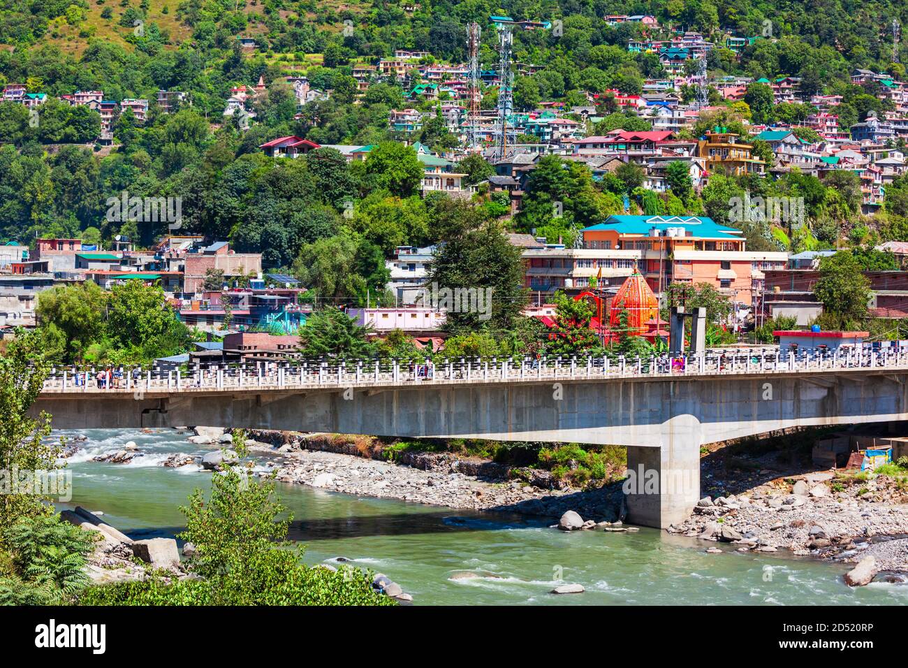 Beas river near Kullu town aerial panoramic landscape, Kullu valley in ...