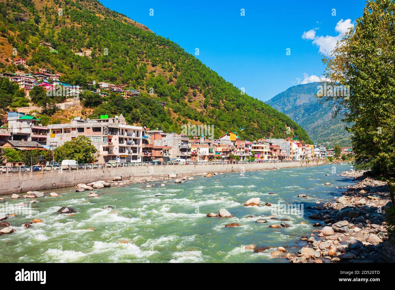 Beas river near Kullu town aerial panoramic landscape, Kullu valley in ...