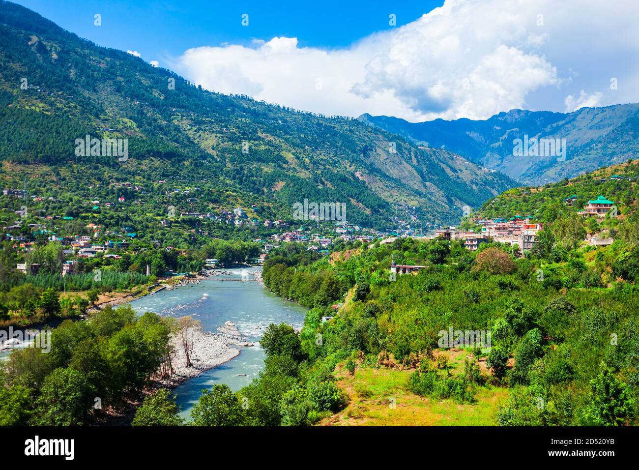 Beas river near Kullu town aerial panoramic landscape, Kullu valley in ...