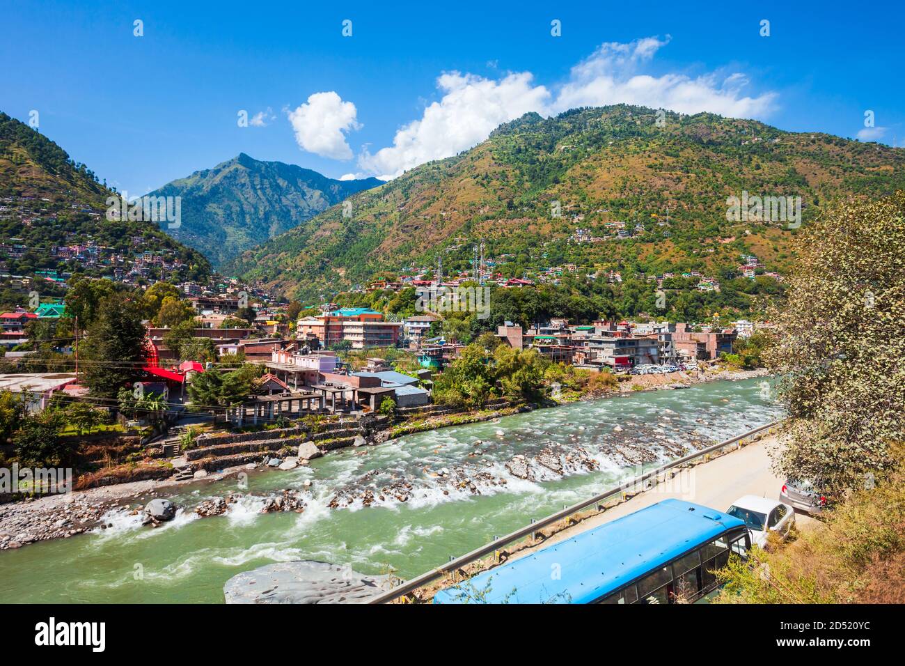 Beas river near Kullu town aerial panoramic landscape, Kullu valley in ...
