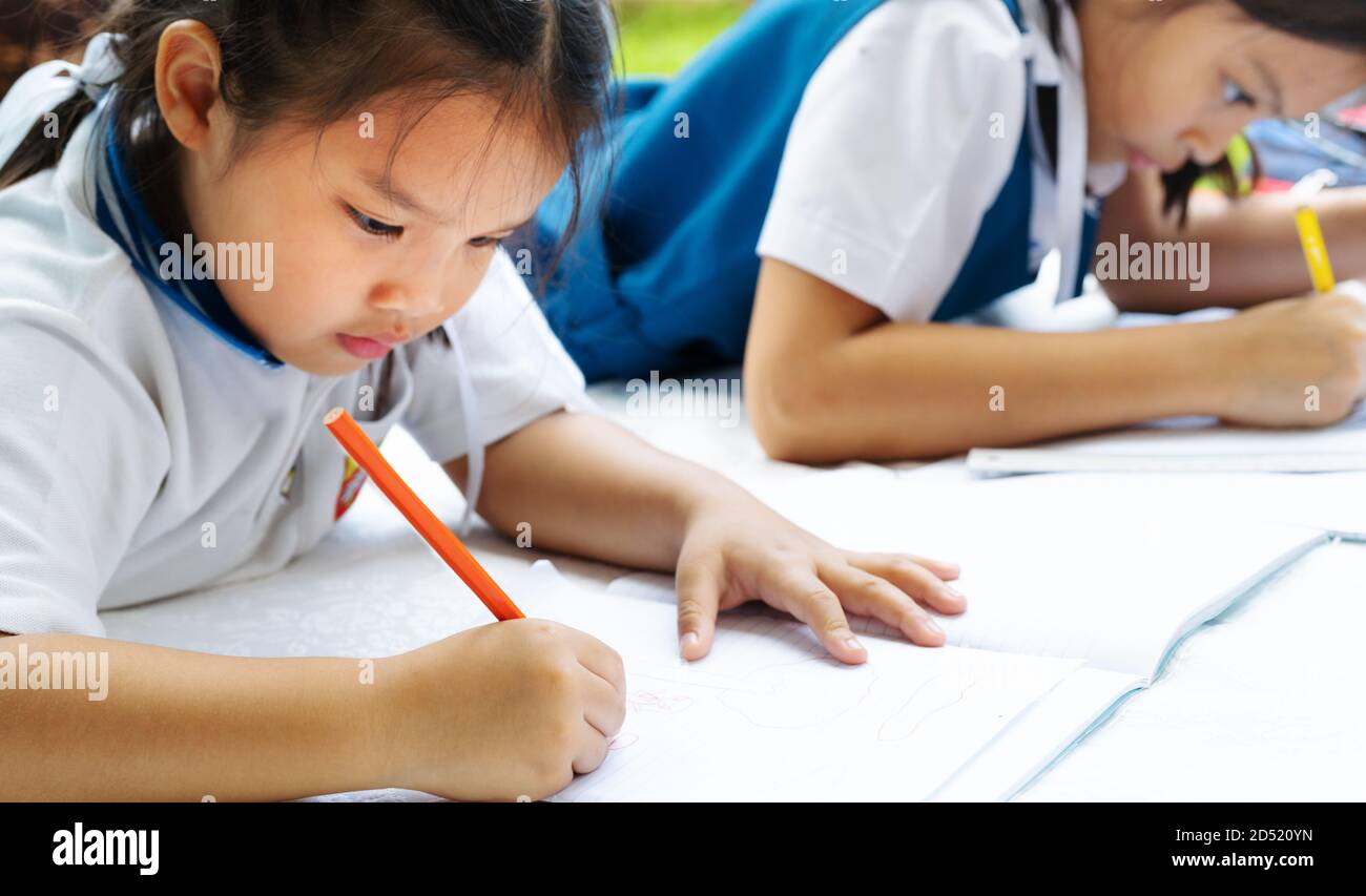 two sister girl writes to writing-books. The decision of lessons. girl ...