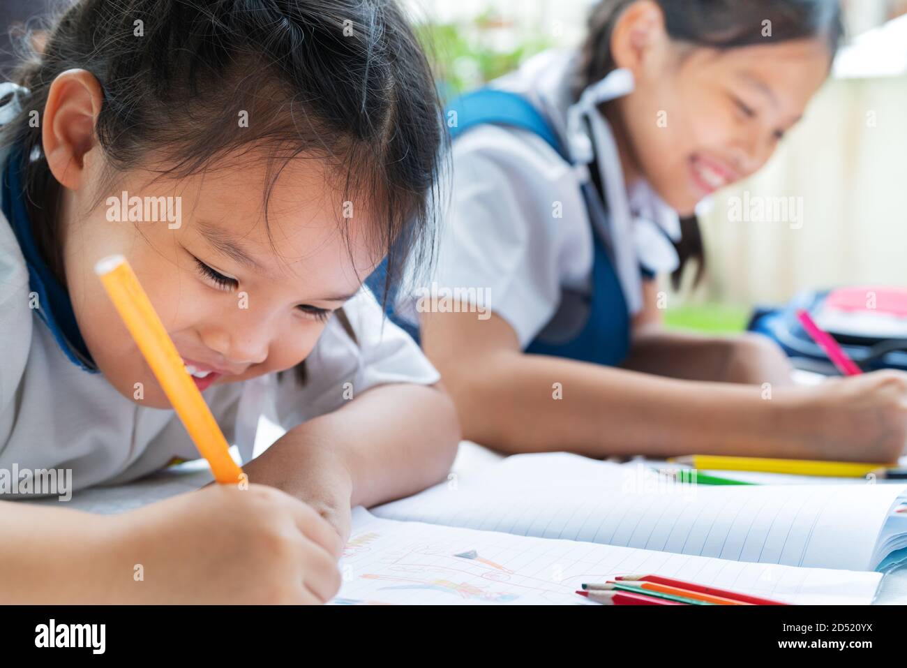 two sister girl writes to writing-books. The decision of lessons. girl ...