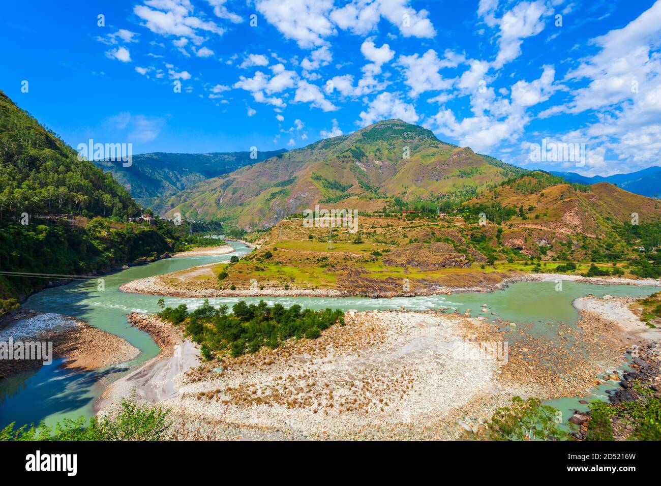 Scenic landscape panoramic view of the forested Himalaya mountains ...