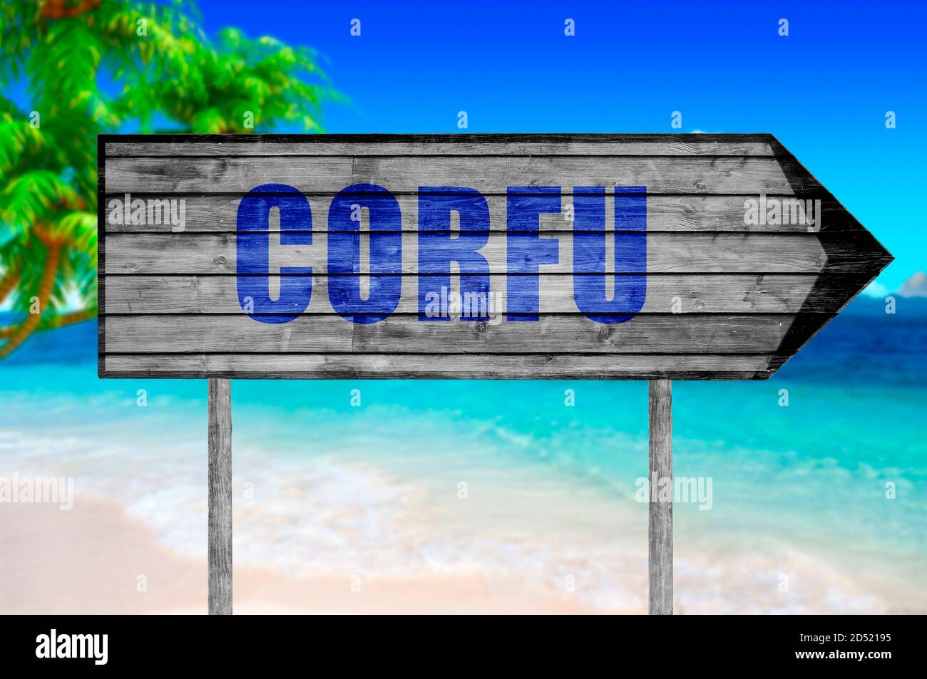 Corfu wooden sign with beach background Stock Photo - Alamy
