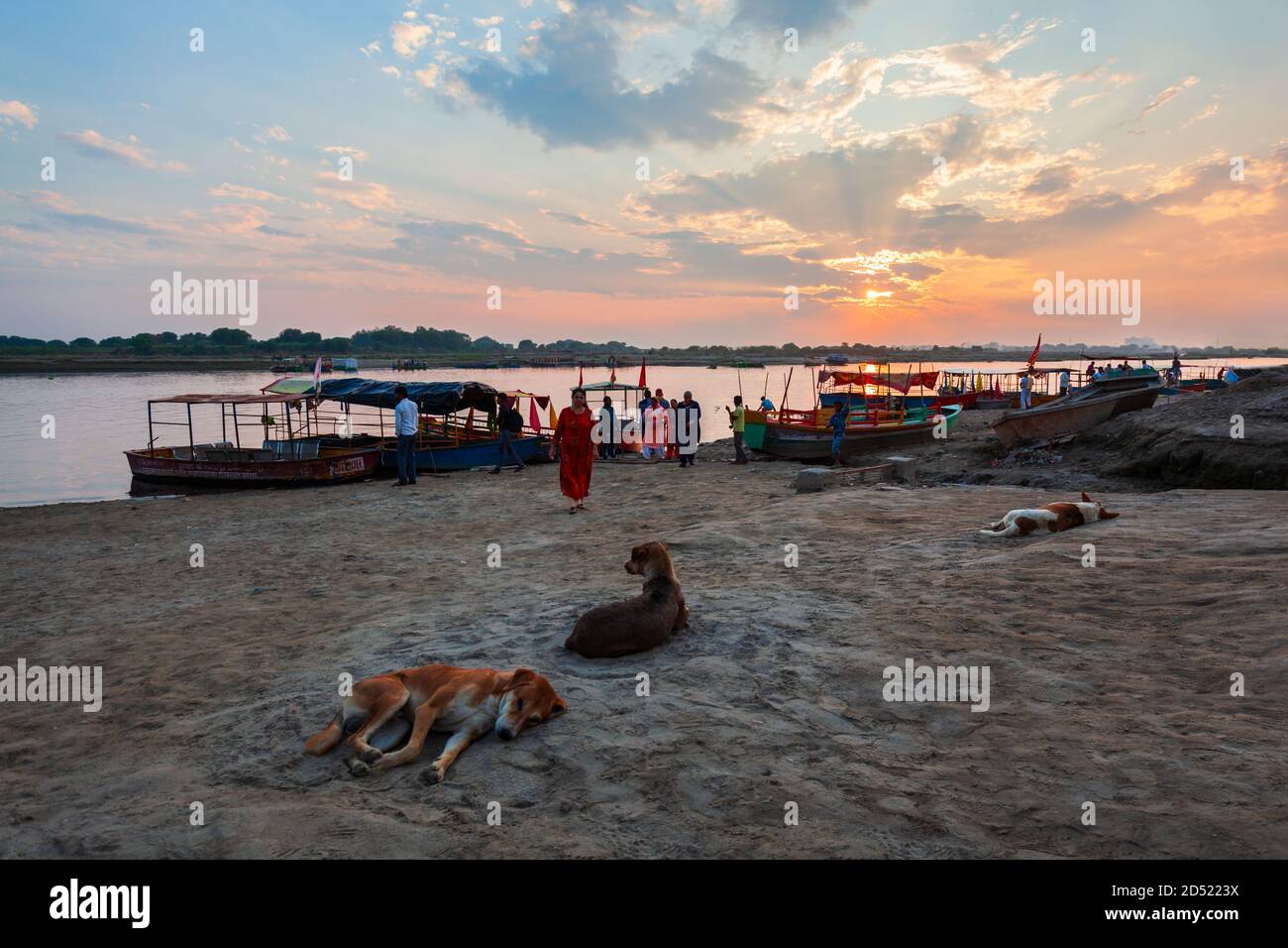 Sunset at the Keshi Ghat beach at Yamuna river in Vrindavan city in ...