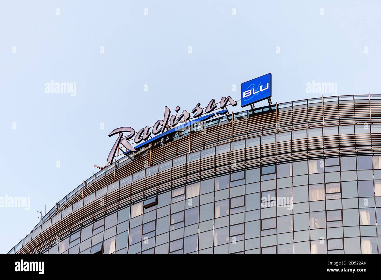 Radisson blu hotel logo on top of modern hotel building, Moscow 05/10 ...