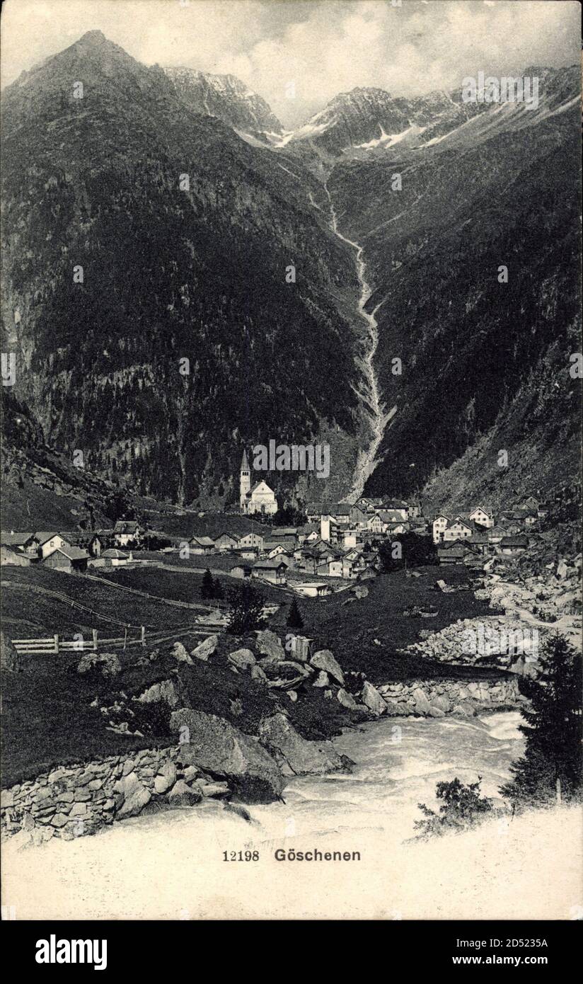 Göschenen Kt. Uri Schweiz, Panorama vom Ort im Tal, Gebirge, Bach ...