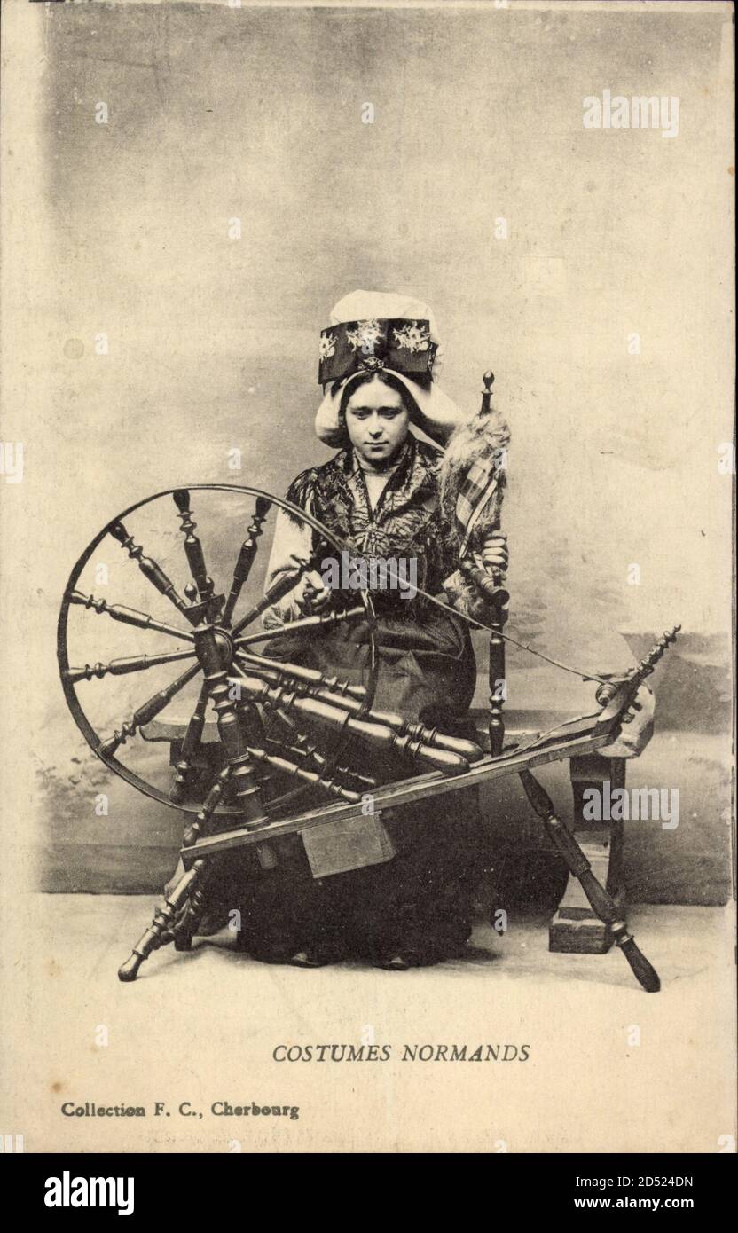 Costumes Normands, Eine Frau beim Spinnen, Spinnrad | usage worldwide ...