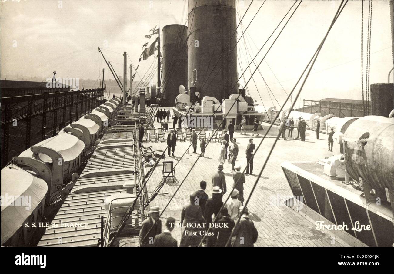 S.S. Ile de France, CGT, French Line, The Boat Deck, First Class ...